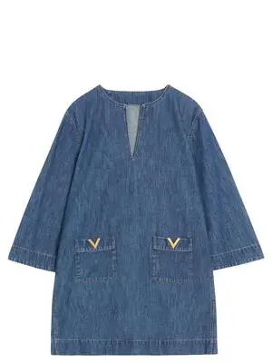 Valentino Garavani Denim Chambray Kaftan Dress With V Detail - Blue