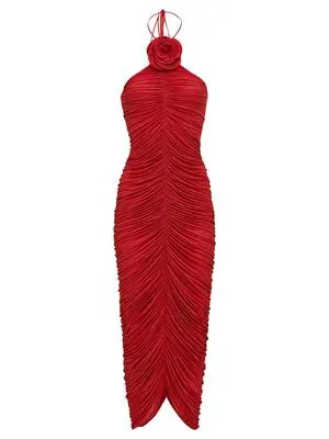 Magda Butrym Ruched Halter Midi Dress With Rose Appliqu - Red