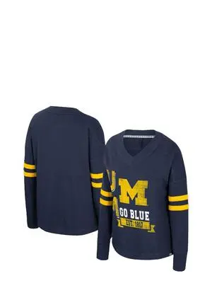 COLOSSEUM Michigan Wolverines Distressed V-neck Long Sleeve T-shirt - Navy