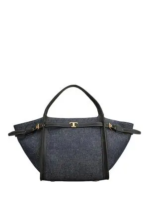TOD'S T Timeless Canvas & Leather Shopping Bag - Blu Denim Chiaro/nero
