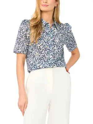 Halogen Floral Puff Sleeve Button-up Top - Lovely Navy