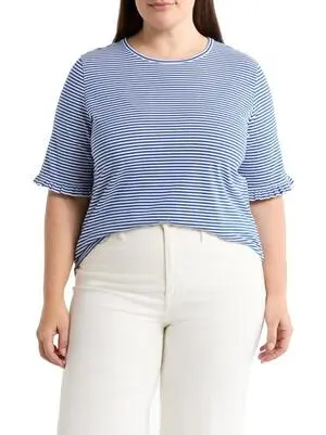 Jones New York Stripe Frill Sleeve Stretch Cotton Top - Sapphire/natural Whi