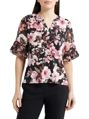 Anne Klein Floral Print Ruffle Sleeve Top - Anne Black Multi