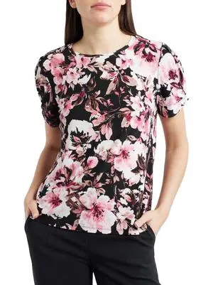 Anne Klein Floral Print Pleated Sleeve Top - Anne Black Multi