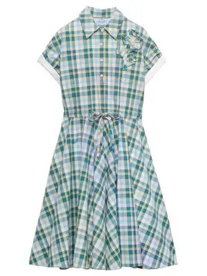 Prada Embroidered Checked Cotton Dress - Green