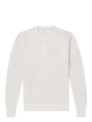 Brunello Cucinelli Ribbed Linen And Cotton-Blend Henley Shirt Beige