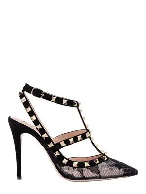 Valentino Garavani Rockstud Suede And Lace Pumps - Black