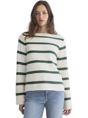 Everlane Striped Boatneck Cotton Sweater - Hunter Green/bone
