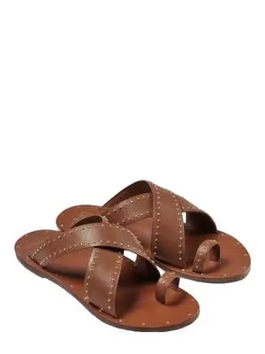 Beek Curlew Studded Crossover Strap Slide Sandal - Tan Gold Studs