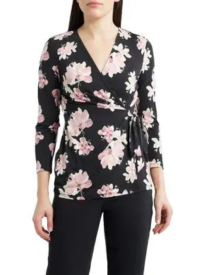 Anne Klein Floral Print Wrap Top - Anne Black Multi