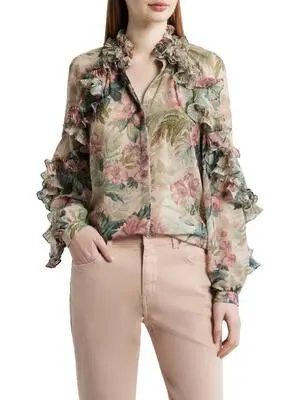 Kobi Halperin Esme Floral Ruffle Button-up Chiffon Shirt - Rose Multi