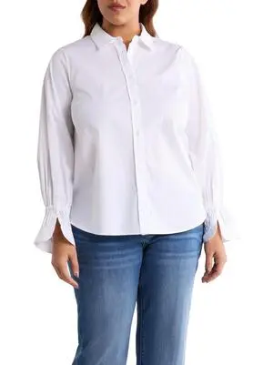 LIVERPOOL Cotton Poplin Smock Sleeve Button-up Shirt - White