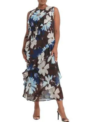 ESTELLE Floral Print Sleeveless Dress - Chocolate Sky