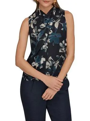 Donna Karan New York Floral Burnout Twist Neck Top - Nightfall Multi