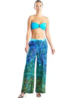Natori Peacock Print Cotton Voile Pants - Teal