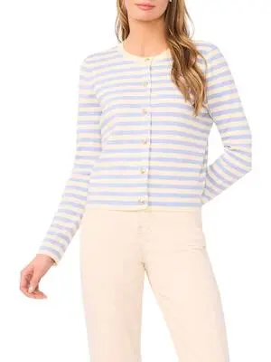 Halogen Stripe Crewneck Cardigan - Berry Blue Heather