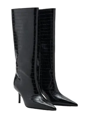 Mango Croc Embossed Pointed Toe Knee High Boots - Black