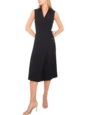 Halogen Pleated Faux Wrap Front Midi Dress - Rich Black
