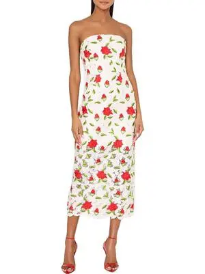 MILLY Kait Embroidered Strapless Midi Dress - White/red/green
