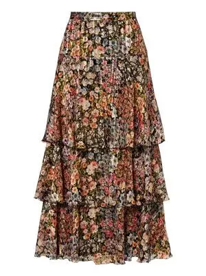 Valentino Garavani Floral Plisse Tiered Silk Midi Skirt - Multicoloured