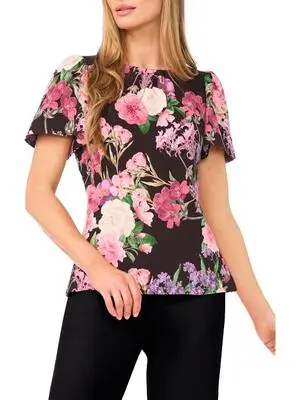 Ted Baker London Floral Print Flutter Sleeve Top - Rich Black