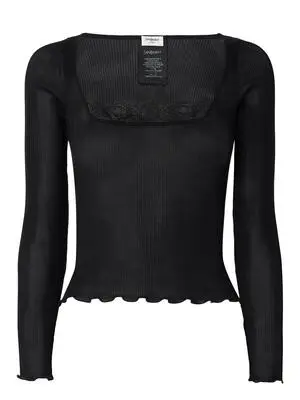 Saint Laurent Lace-trimmed Ribbed Silk Top - Black