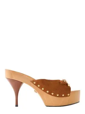 Versace Opera Bow Embellished Suede Clogs Chocolate