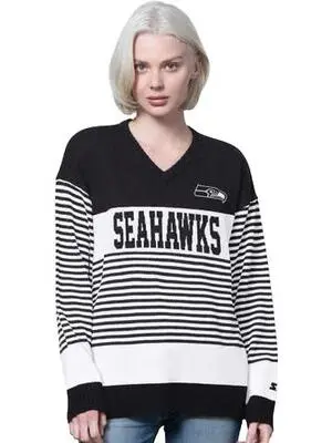 STARTER Seattle Seahawks No Huddle Striped V-neck Sweater - Black