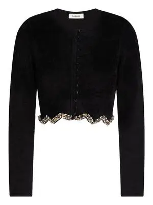 Sandro Cropped Velvet Cardigan With Crystal Embellishments - Black