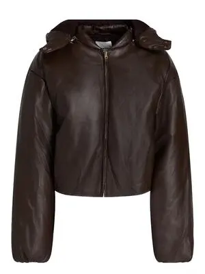 Sandro Leather Hooded Jacket - Dark Brown