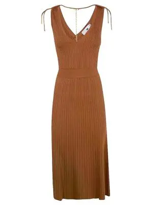 Elisabetta Franchi V-neck Ribbed Knit Dress With Gold-tone Necklace Detail - Brown