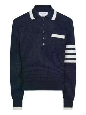 Thom Browne Textured Stitch 4-bar Relaxed Long-sleeve Polo Shirt Blue