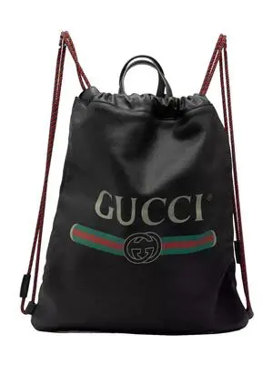 Gucci Leather Logo Drawstring Backpack - Black