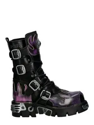 NEW ROCK Flame Design Leather Boots - Black