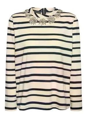 ELENA MIRO` Striped Floral-embroidery Top - Neutrals
