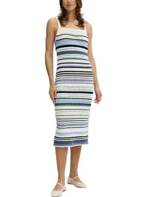 OUI Striped Crochet Midi Dress - White