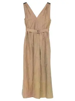 Brunello Cucinelli V-neck Belted Midi Dress - Brown