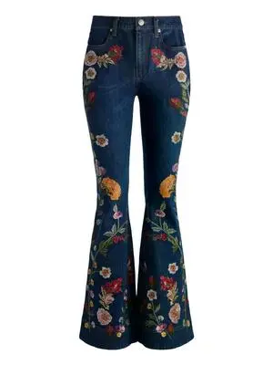 Alice + Olivia Floral Embroidered Bell-bottom Jeans - Blue