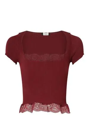 Saint Laurent Cropped Leavers Lace-trimmed Silk-jersey Top - Burgundy