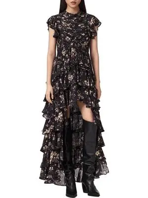 ALLSAINTS Shaela Floral Tiered Ruffle High-low Dress - Vine Black