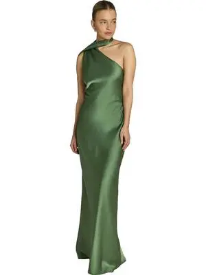 REWRITTEN Raye One Shoulder Luxe Satin Maxi Dress - Olive