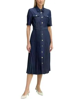 FRACOMINA Pleated Belted Midi Dress - Blue