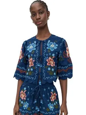 Farm Rio Stitched Garden Blouse - Stitched Garden Dark Blue