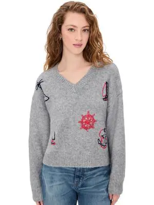 BAILEY ROSE Embroidered Nautical V-Neck Pullover