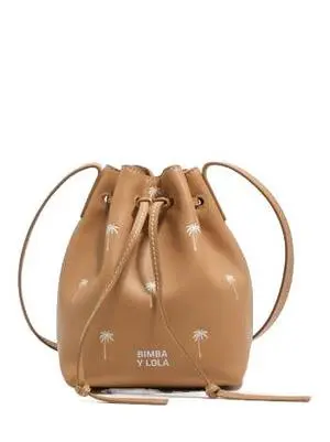 Bimba Y Lola Small Palms Print Leather Carlino Bucket Bag - Hazelnut