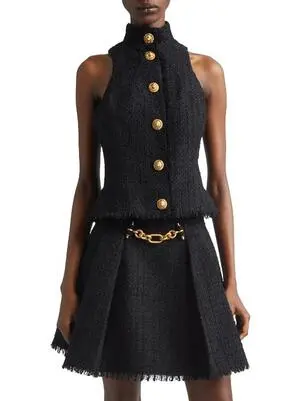 Balmain Button-front Fringe Tweed Top - 0pa Black