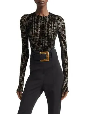 Balmain Monogram Jacquard Devoré Velvet Top - Ead Black/gold