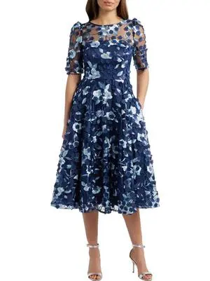 Eliza J Floral Embroidered Appliquè Fit & Flare Cocktail Dress - Navy