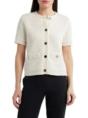 Anne Klein Textured Stitch Cotton Cardigan - White Dove
