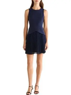 Halogen Sleeveless Pleated Skirt Mixed Media Minidress - Classic Navy
